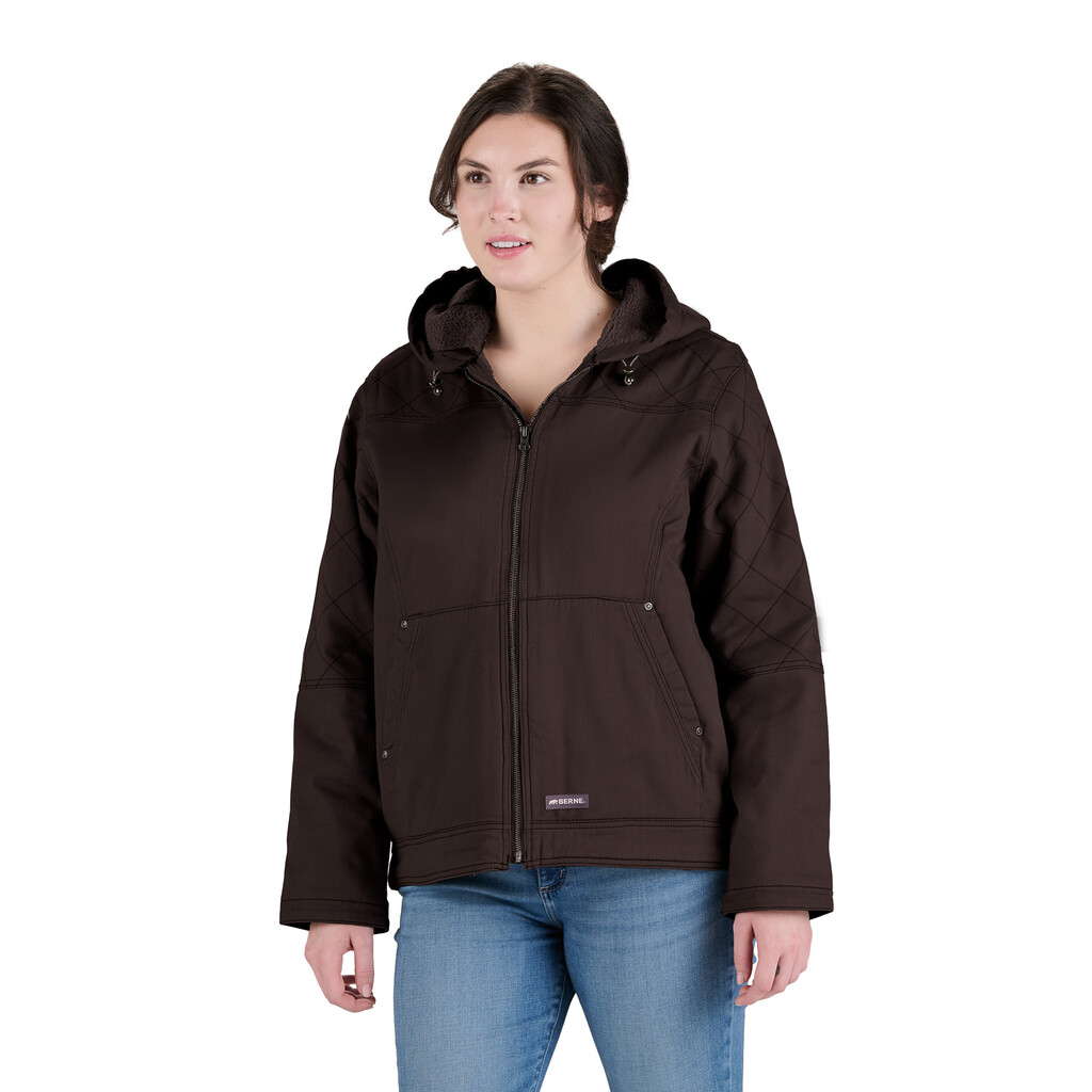 WHJ48DBN Women's Sherpa-Lined Twill Hooded Jacket - Dark Brown - Berne ...